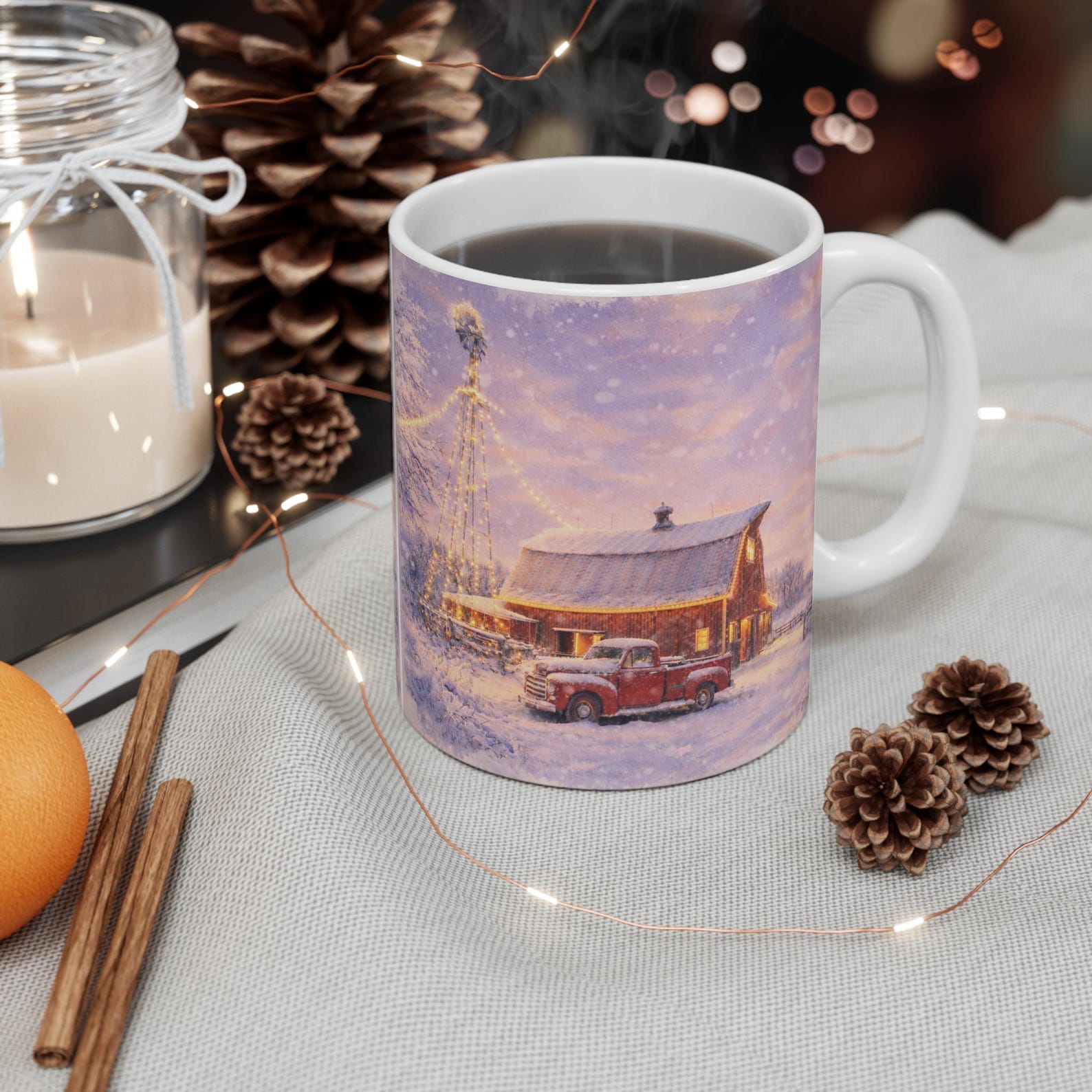 Winter Farmhouse Mug, Cozy Barn & Red Truck Coffee Cup, Rustic Holiday ...