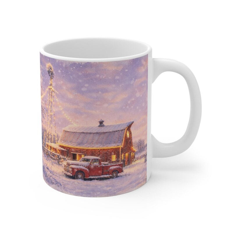 Winter Farmhouse Mug, Cozy Barn & Red Truck Coffee Cup, Rustic Holiday ...
