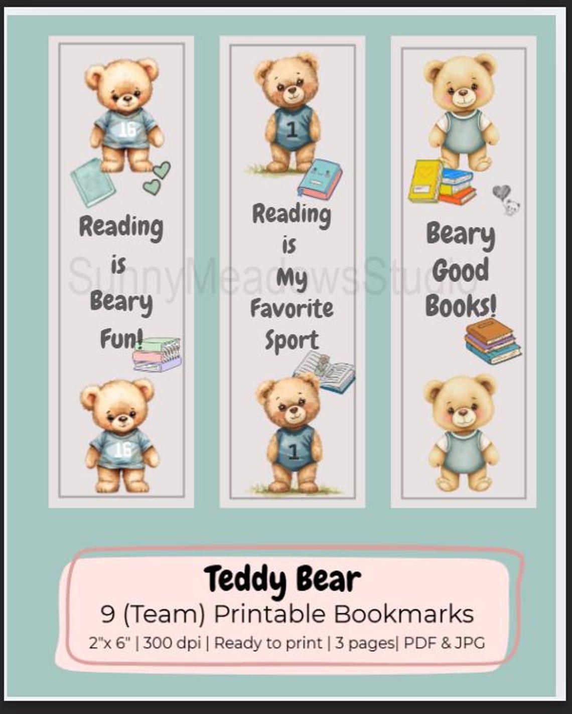 Teddy Bear Sports Bookmarks – Set of 9 Printable Designs (PDF & JPG) - Etsy