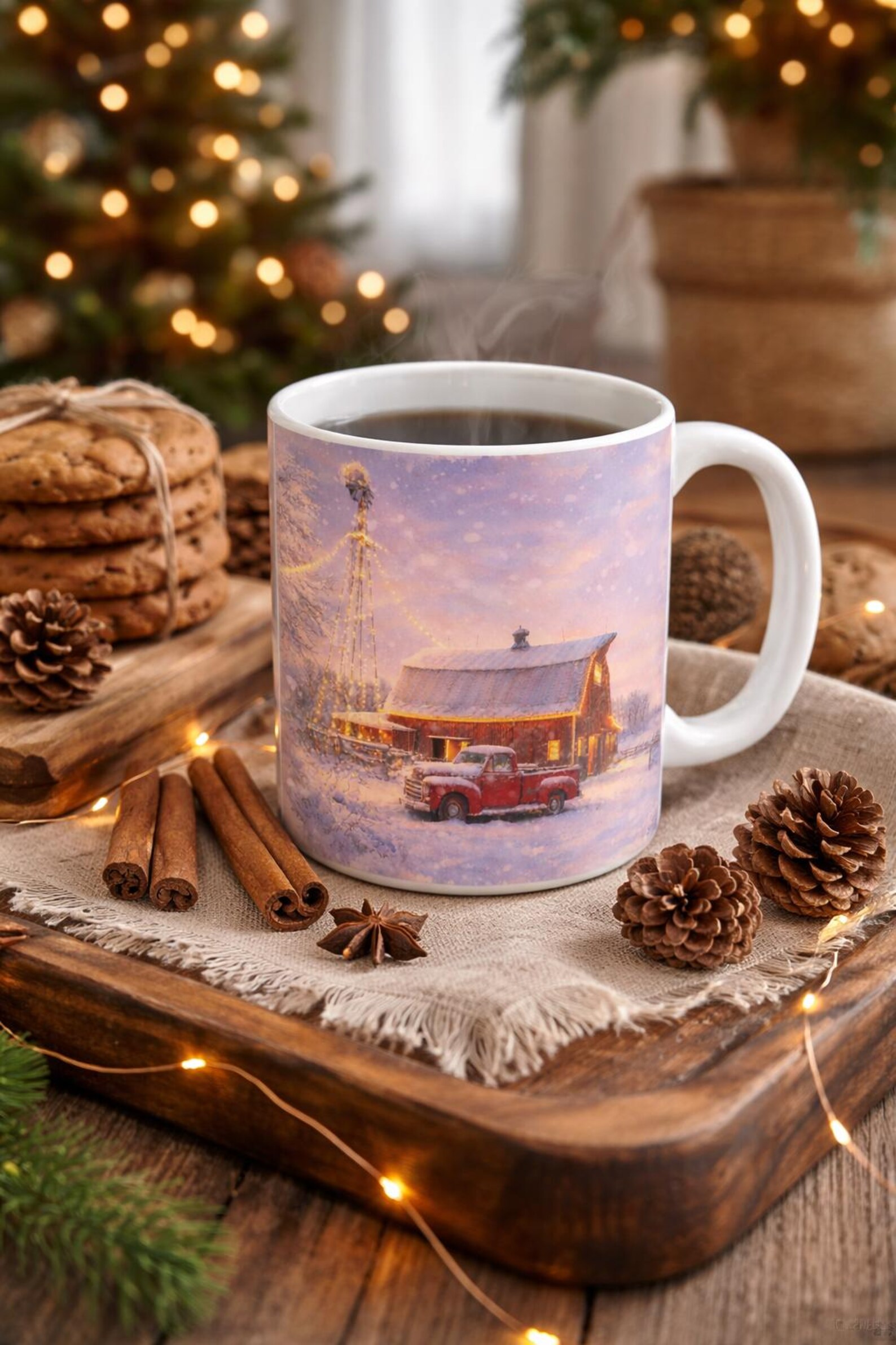 Winter Farmhouse Mug, Cozy Barn & Red Truck Coffee Cup, Rustic Holiday ...