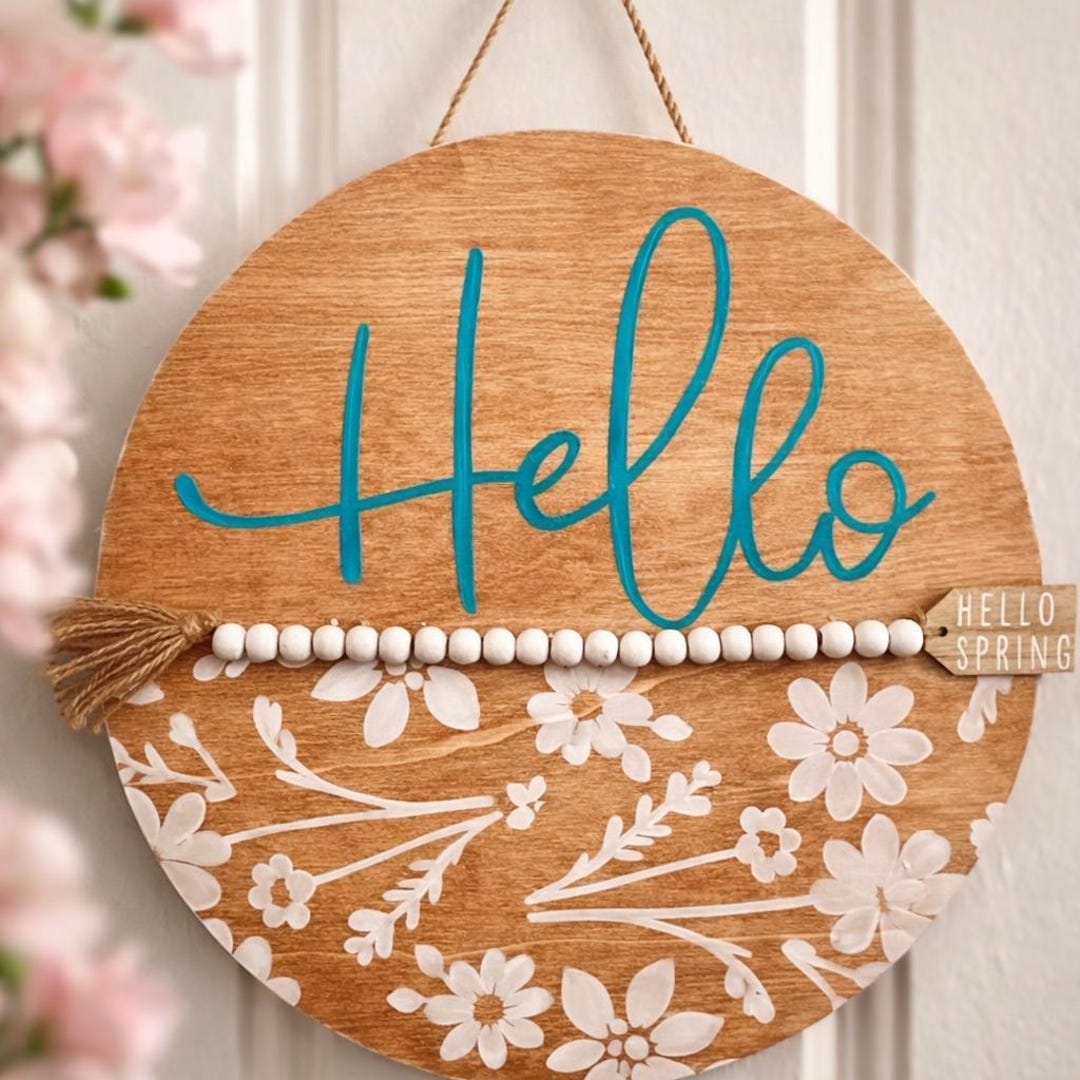 Hello Welcome Sign, Round Wooden Botanical Sign, Hello Round Door ...