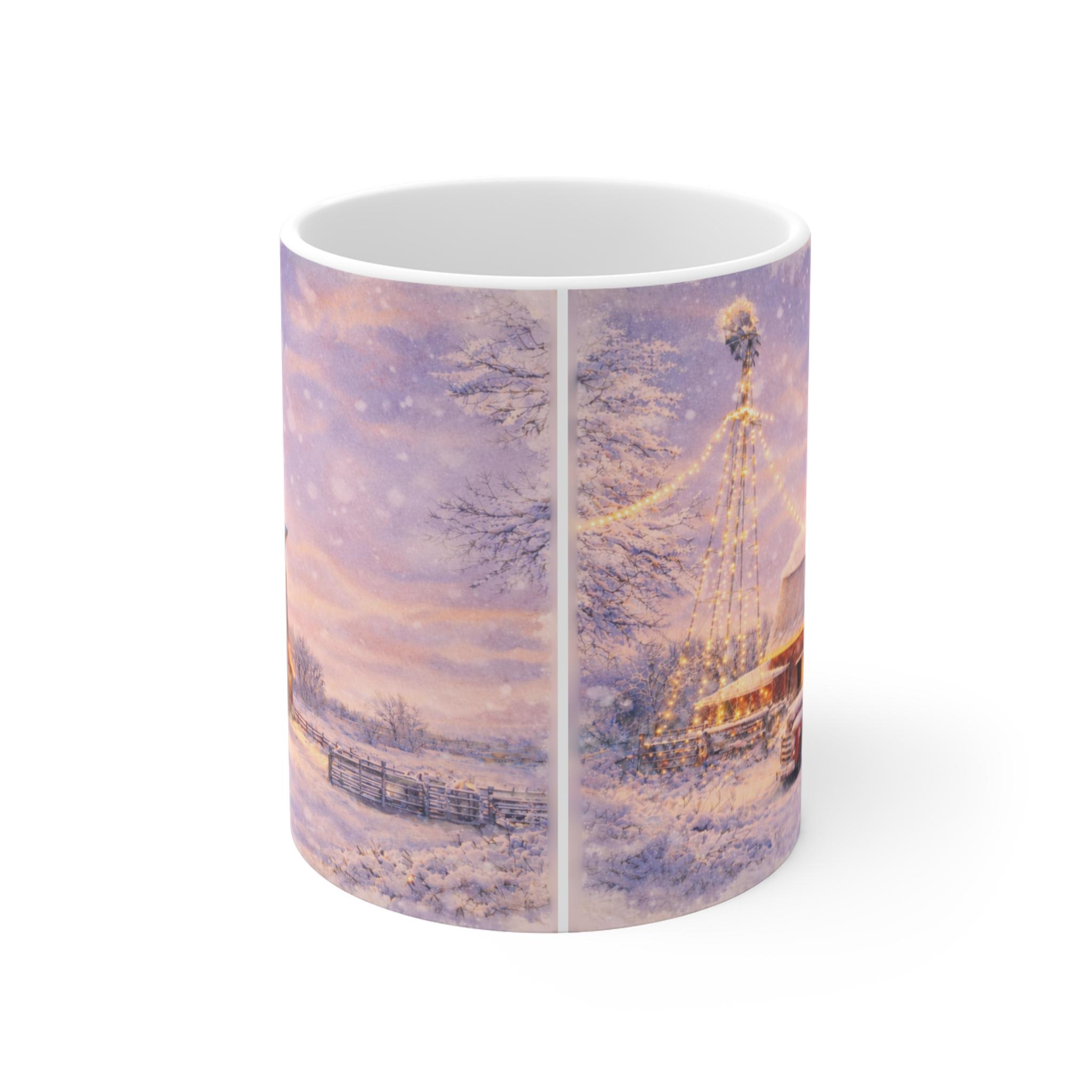 Winter Farmhouse Mug, Cozy Barn & Red Truck Coffee Cup, Rustic Holiday ...