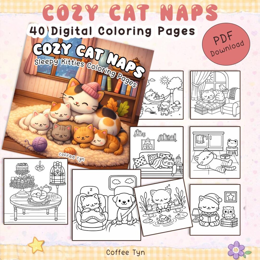 Cozy Cat Naps- Sleepy Kitties Coloring Pages- Cute and Cozy Coloring ...