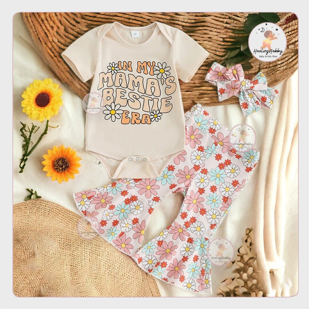 In My Mama Bestie Set, Retro Girls Clothes Set, Toddler Floral Flare ...
