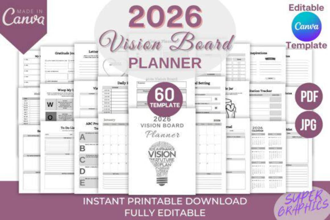 Editable Vision Board Planner, 2026 Canva Editable Digital Download ...