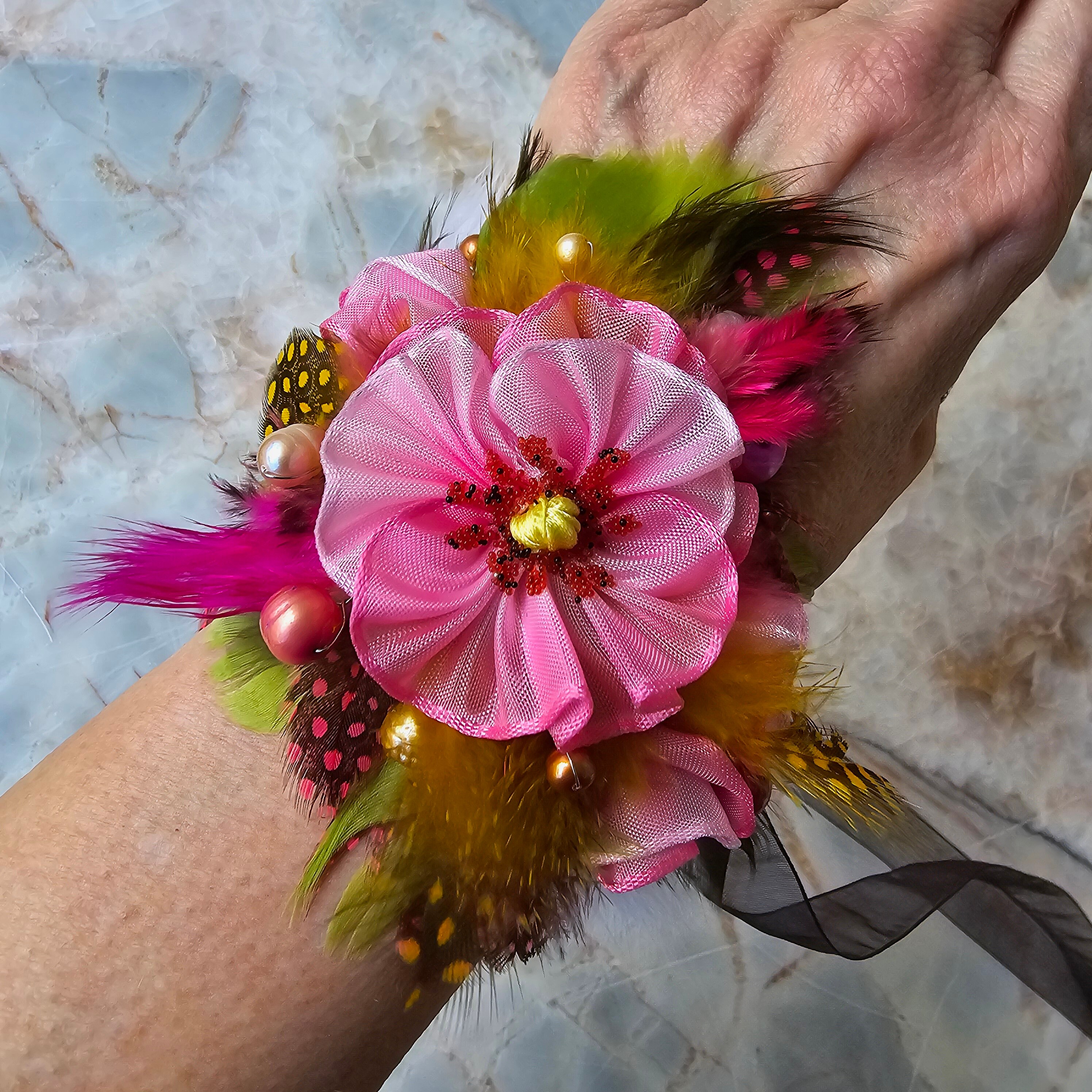Pink Pansy, Pearls and Plumage Wristlet Corsage and Lapel Pin ...