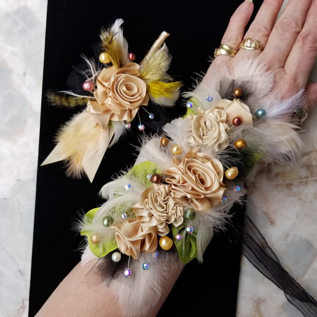 Champagne Silk Corsage Boutonniere Set: Swarovski Pearls, Masquerade ...