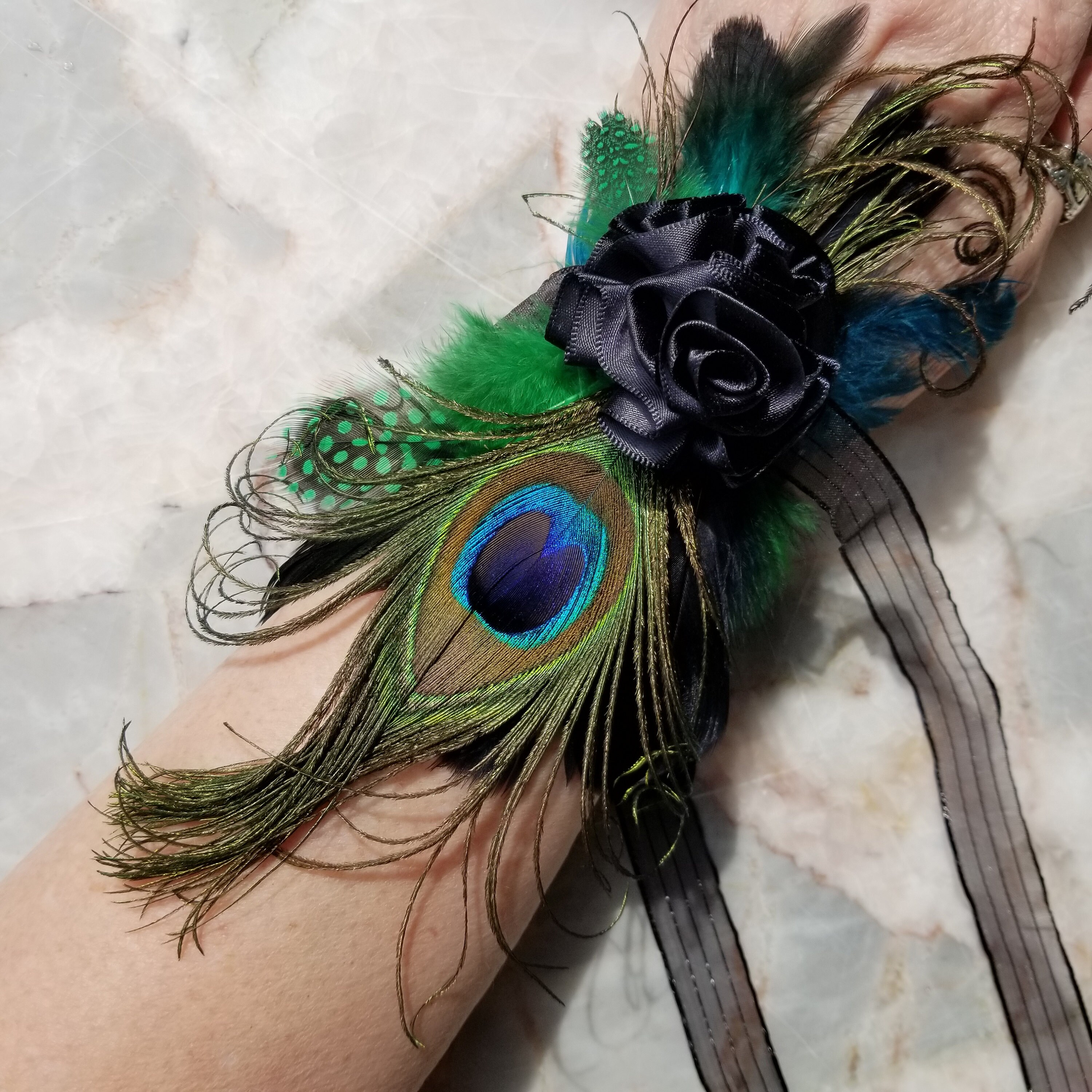 Peacock Wrist Corsage Boutonniere Set Black Green Touch of Blue Fun ...