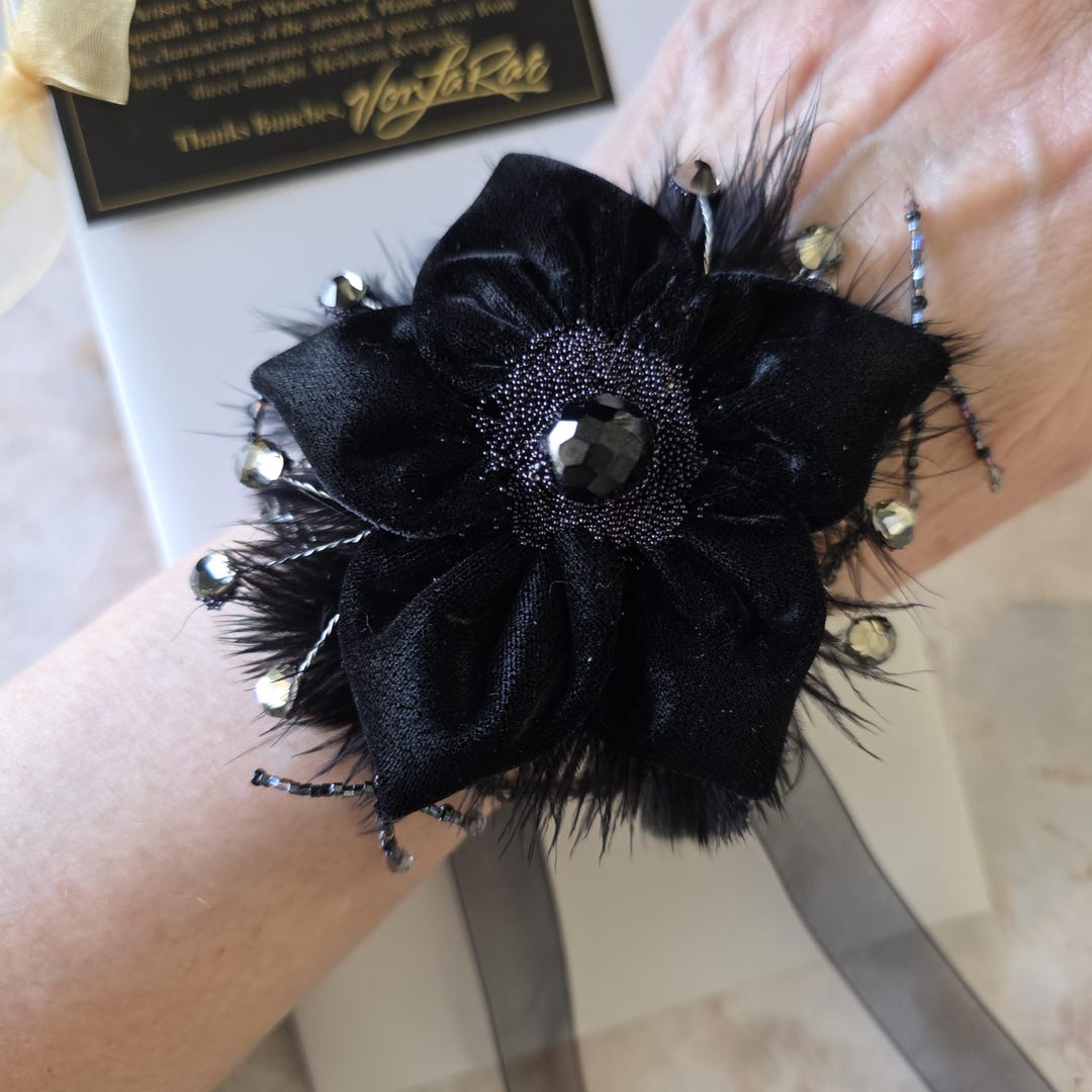 Wristlet Corsage: Chained, Black Velvet, Black Diamond Crystals, Beads ...