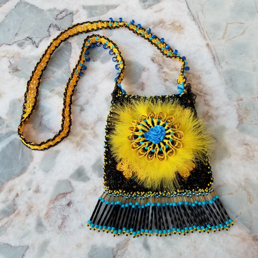 Medicine Bag Pouch | Beaded Fringed Granny Square Small Purse | Fun ...