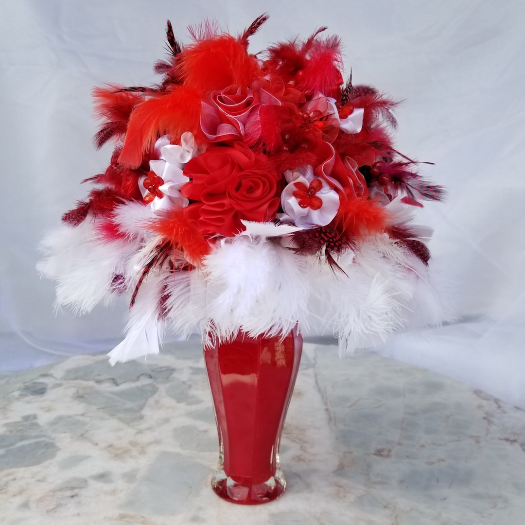 Red Ribbon Rose Bouquet: Feather & Bling Arrangement, Keepsake Vase - Etsy