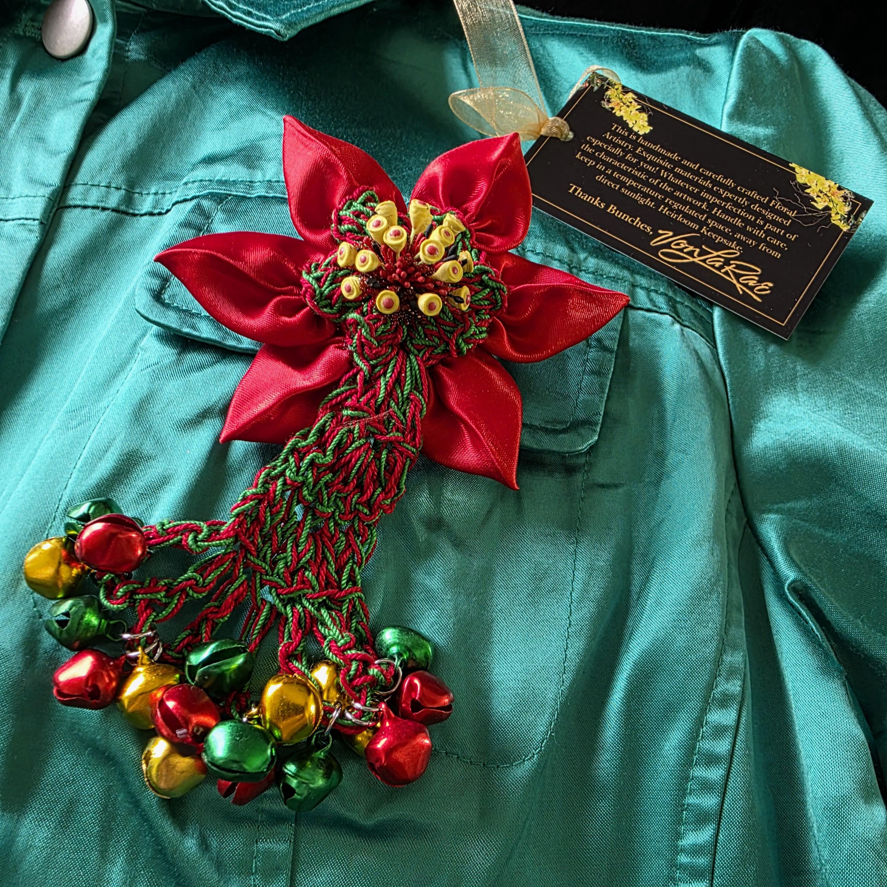 Retro Christmas Poinsettia With Jingle Bells Lapel Flower Pin, Corsage ...