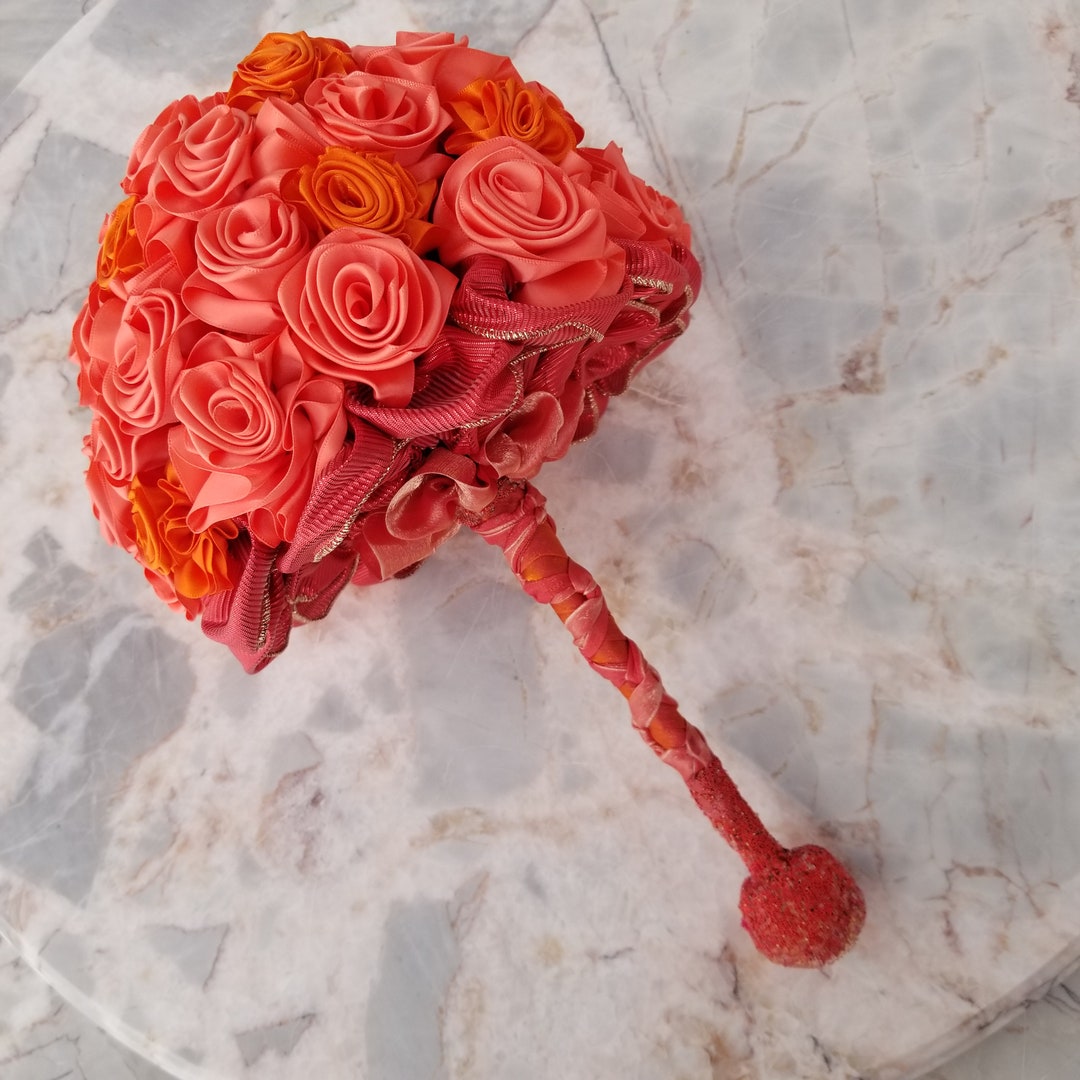 Orange Ribbon Rose Bouquet: Handmade Bridal Wedding Decor - Etsy