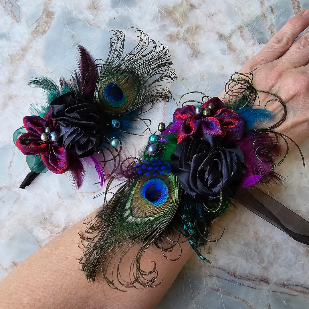 Custom Oder Peacock Prom Flowers Wrist Corsage Boutonniere Set Fun ...