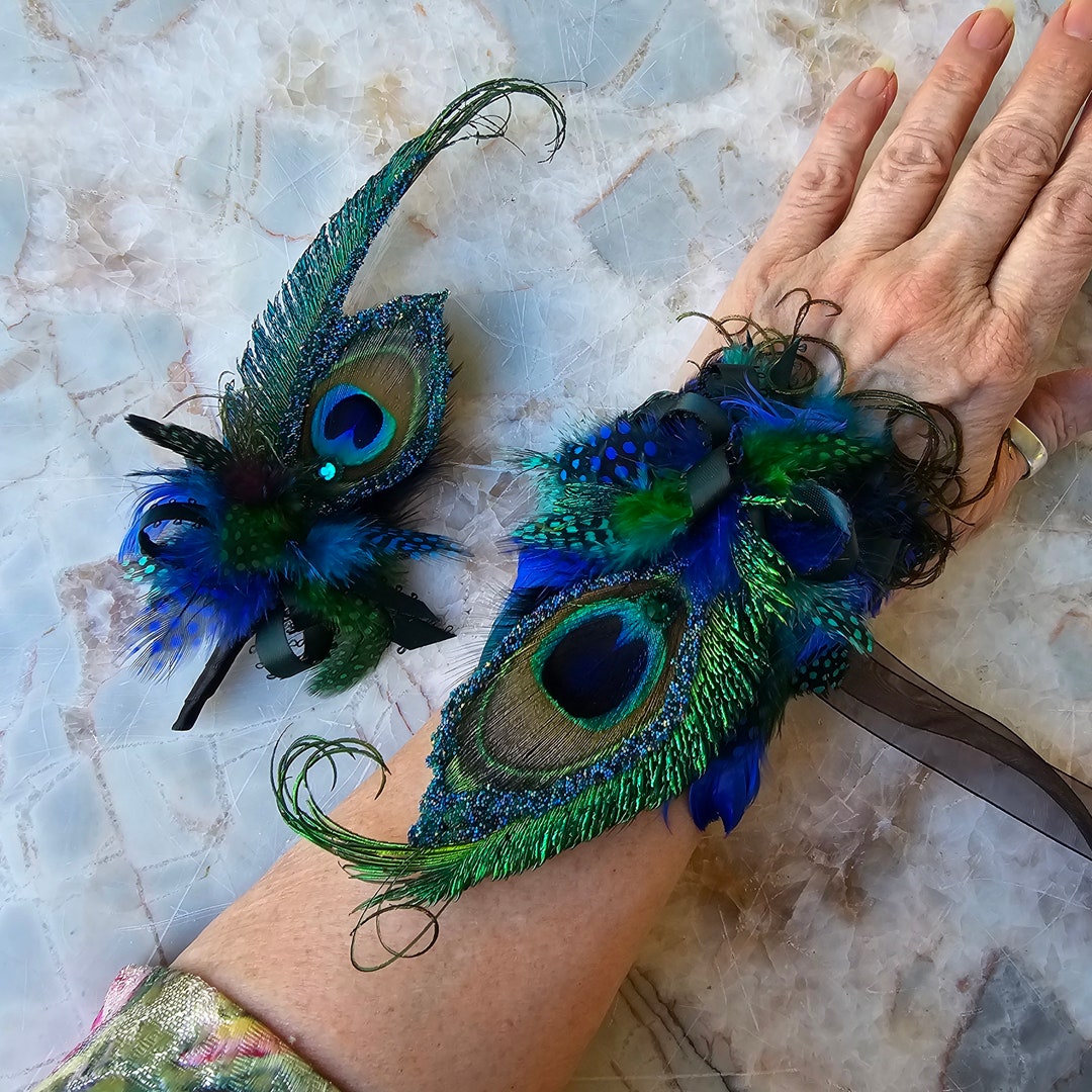 Unique Beaded Peacock Wrist Corsage & Boutonniere Set Prom Hoco Wedding ...