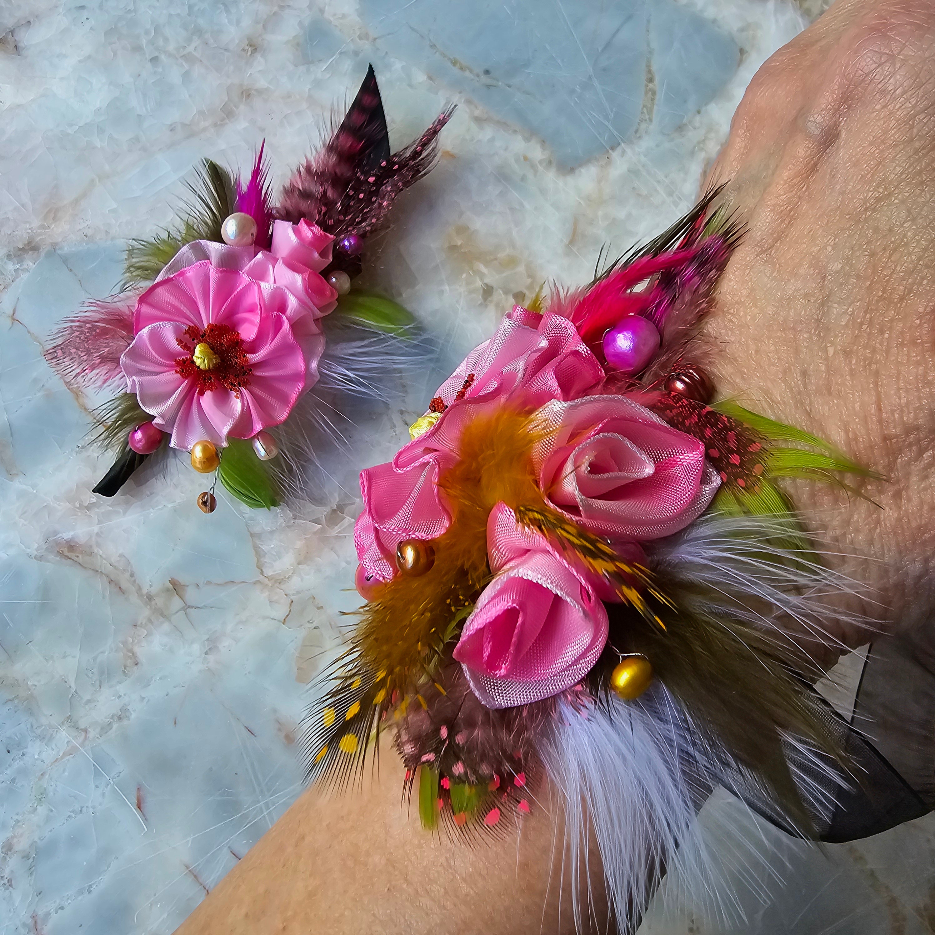 Pink Pansy, Pearls and Plumage Wristlet Corsage and Lapel Pin ...