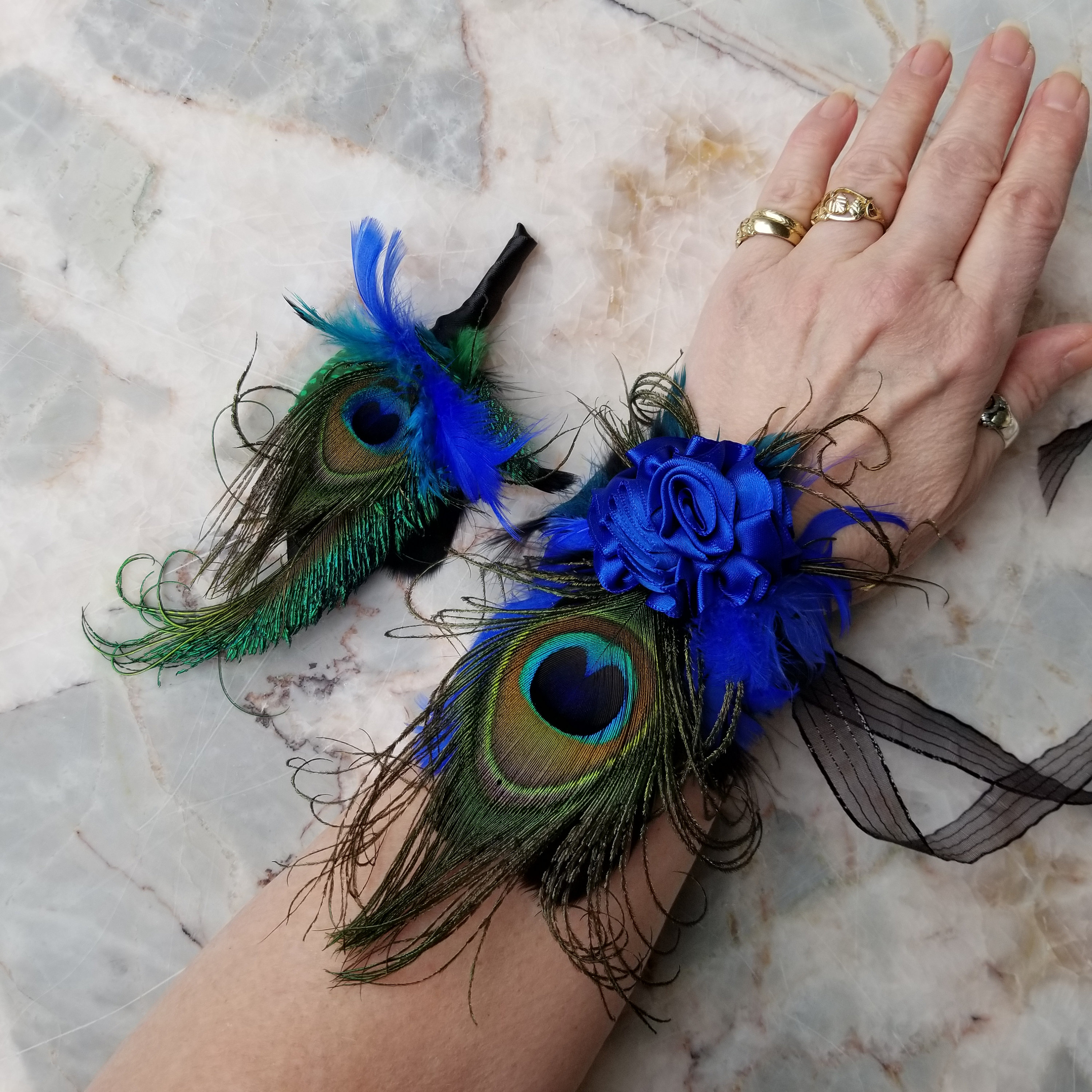 Royal Blue Peacock Wrist Corsage Boutonniere Set No Bling No Rose in ...