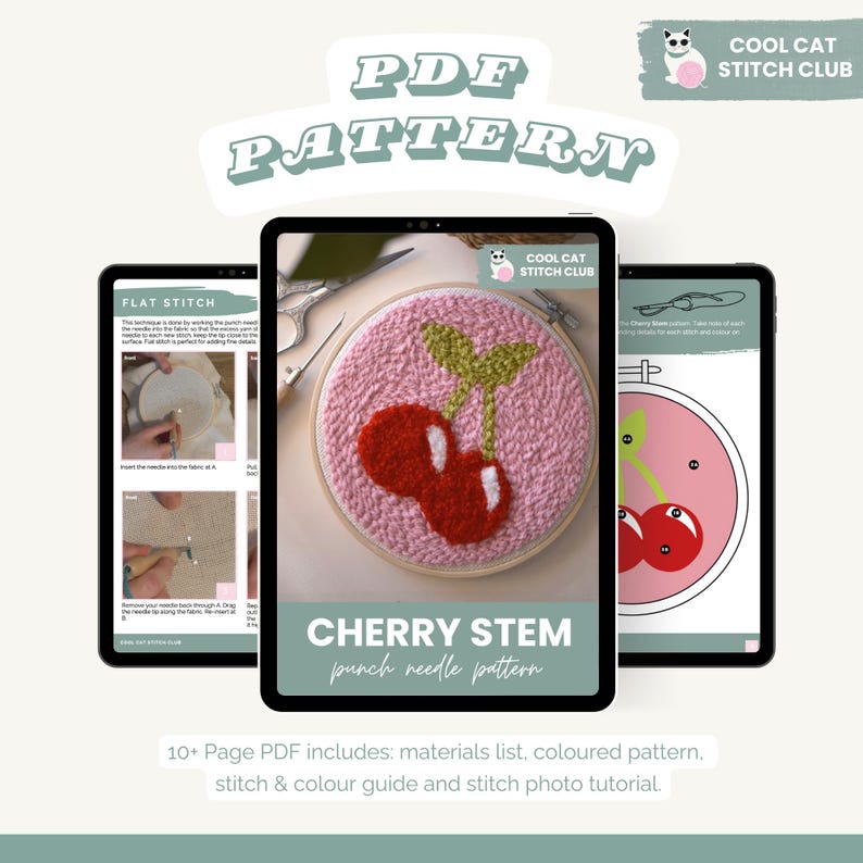 Cherry Stem Punch Needle PDF Pattern – Fruit Design, Modern Embroidery ...