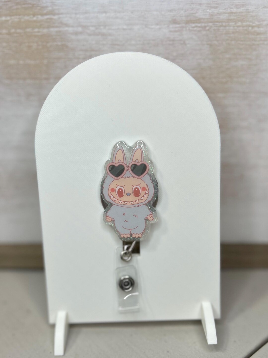 Gray Labubu Retractable Badge Reel With Heart Glasses - Etsy