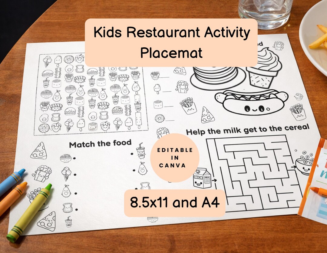 Printable Kids Activity Placemat for Restaurants With Food Theme ...