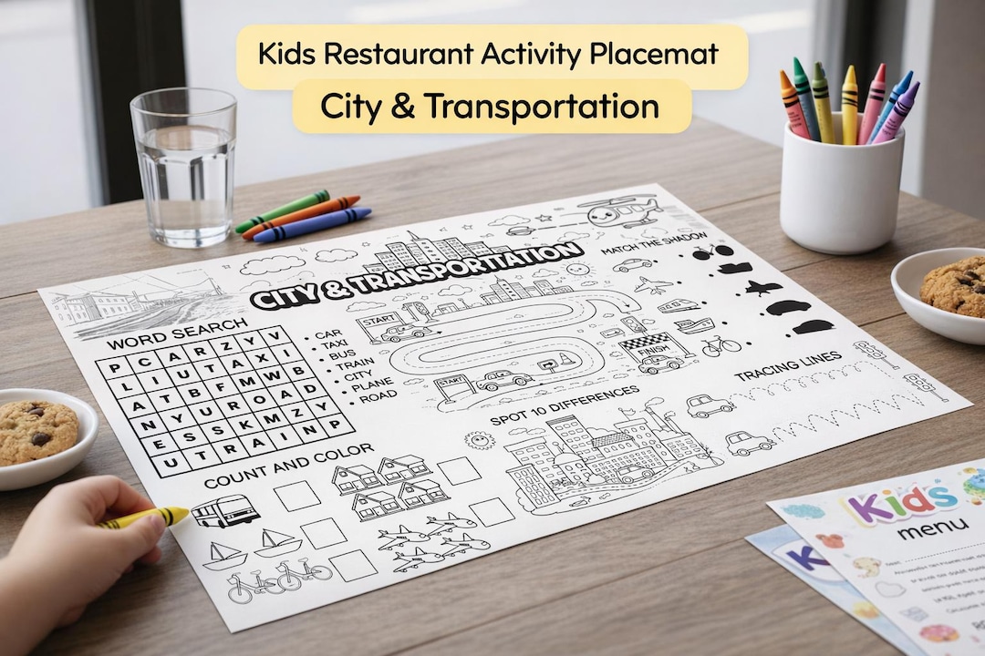 City & Transportation Printable Kids Restaurant Menu Activity Placemat ...