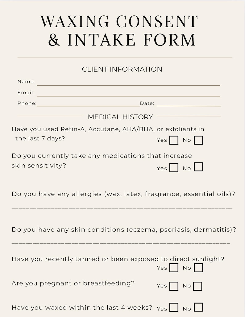 Waxing Consent & Intake Form | Editable Printable PDF | Esthetician ...
