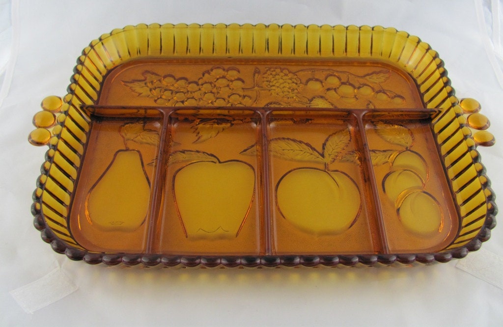 Amber Glass Fruit Serving Tray Intaglio Imprints Pear Apple Peach Plums ...