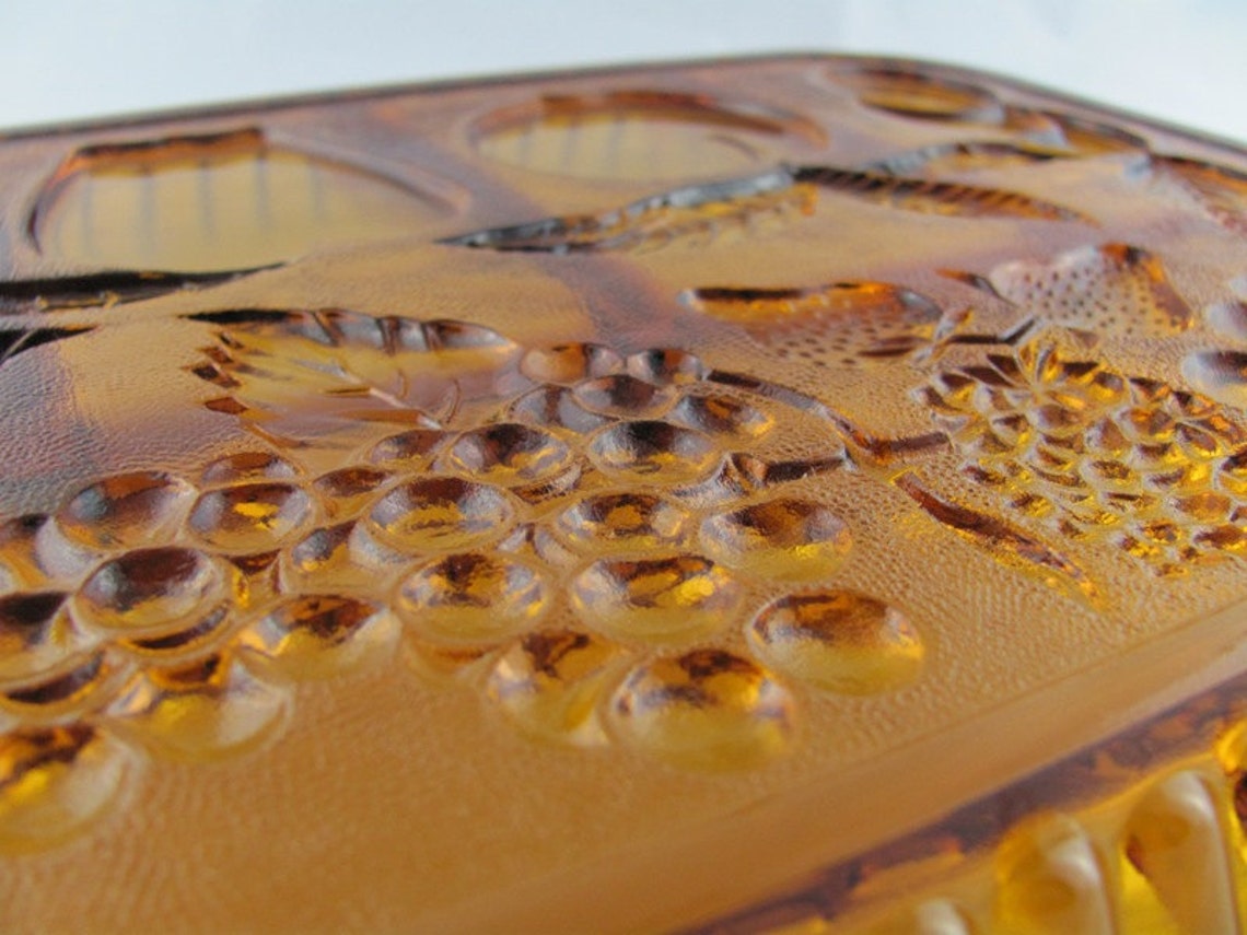 Amber Glass Fruit Serving Tray Intaglio Imprints Pear Apple Peach Plums ...