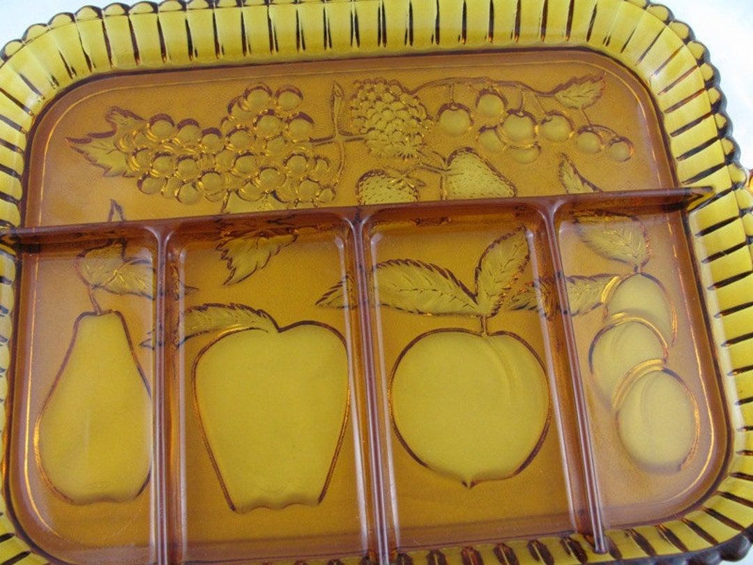 Amber Glass Fruit Serving Tray Intaglio Imprints Pear Apple Peach Plums ...