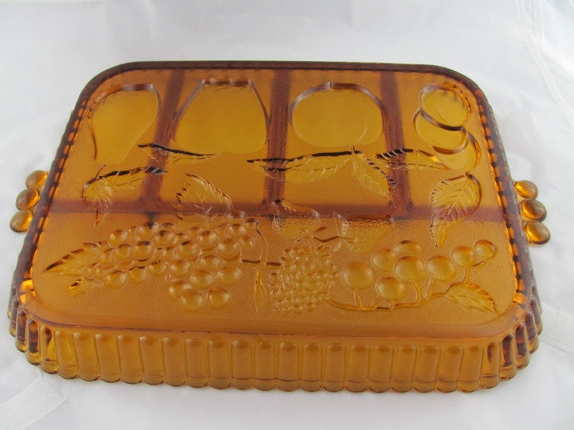 Amber Glass Fruit Serving Tray Intaglio Imprints Pear Apple Peach Plums ...