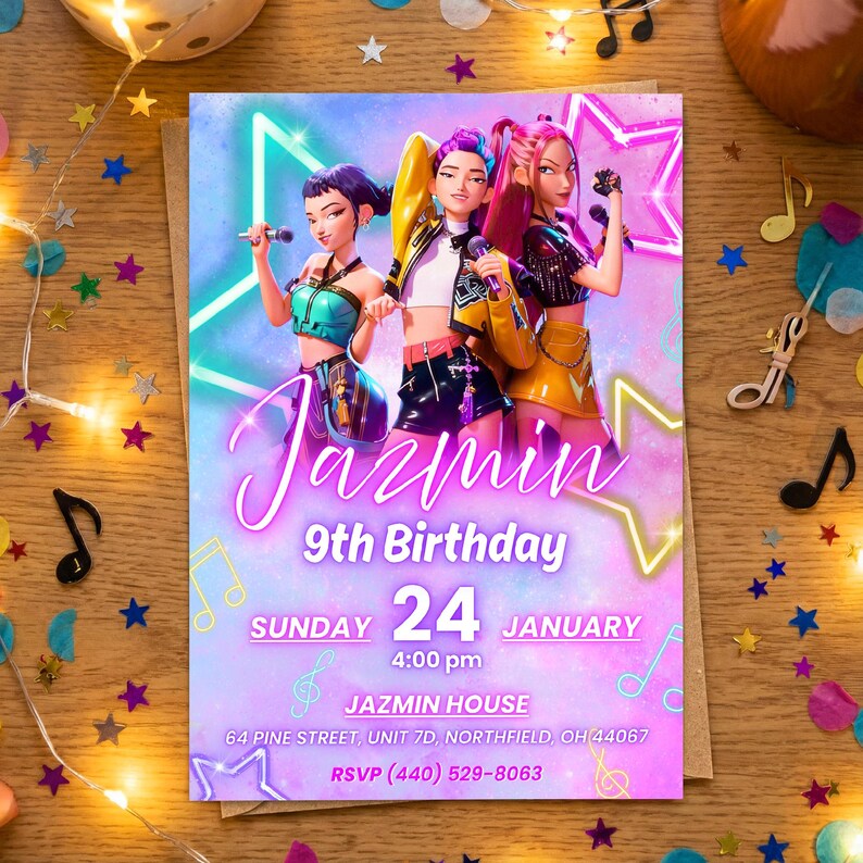 KPOP Demon Hunters Birthday Invitation Canva Editable PDF, Kpop Anime ...