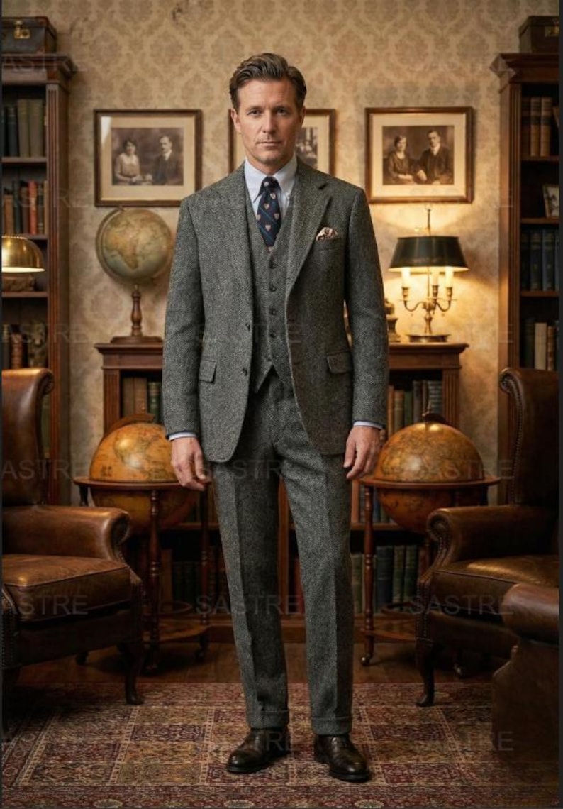 Buy Men's Grey Herringbone Tweed Suit, 3 Piece Formal Suit, Peaky ...