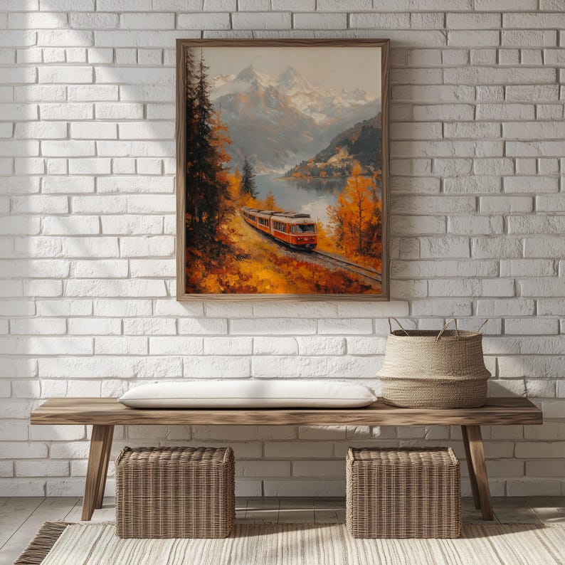 Autumn Train Landscape Art Print – Vintage Snowy Mountain Scene ...