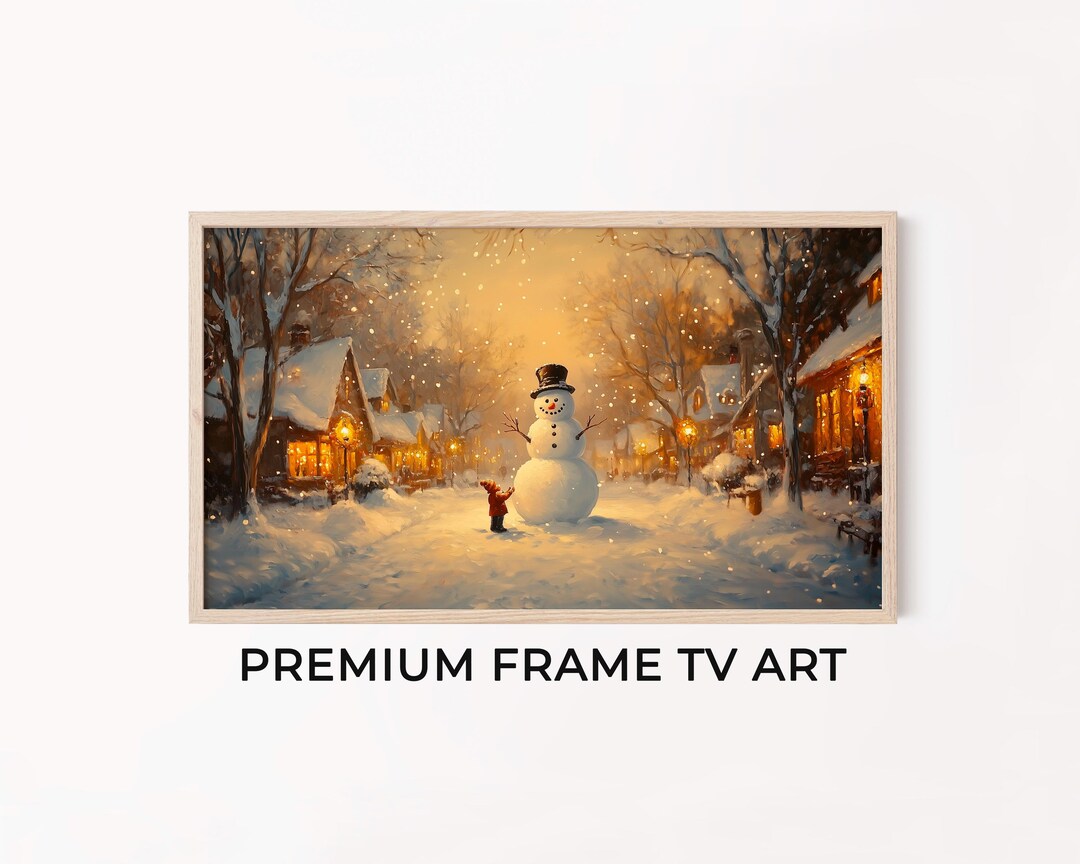 Vintage Winter Village Frame TV Art, Snowman and Child Holiday Scene ...