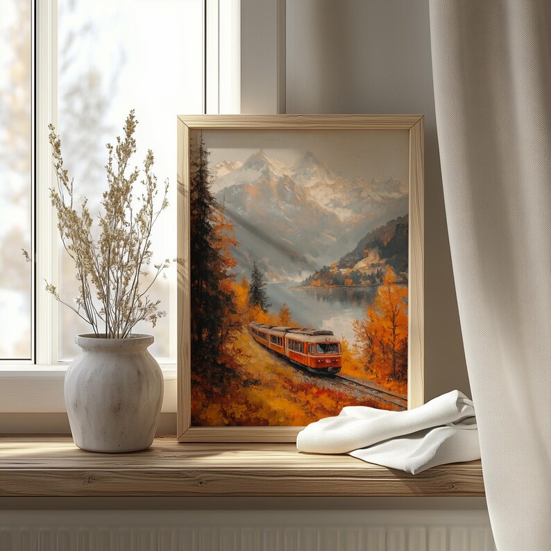 Autumn Train Landscape Art Print – Vintage Snowy Mountain Scene ...