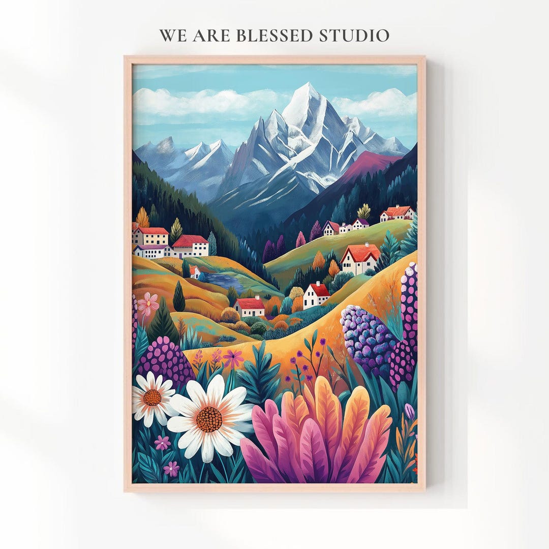 Swiss Alps Landscape Print – Colorful Chalets, Cottagecore Art (digital ...