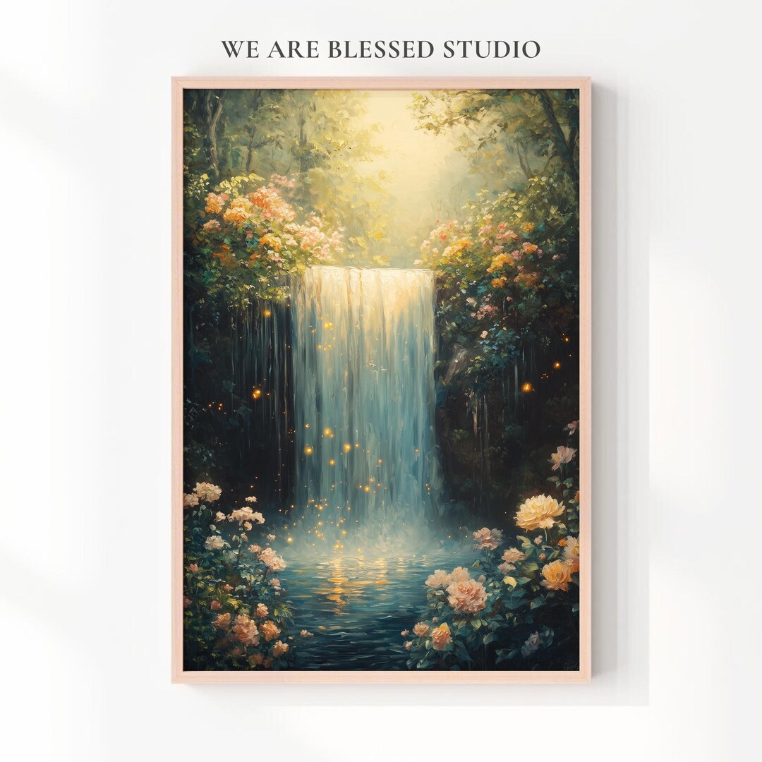 Enchanted Forest Waterfall Painting - Cottagecore Landscape Art ...