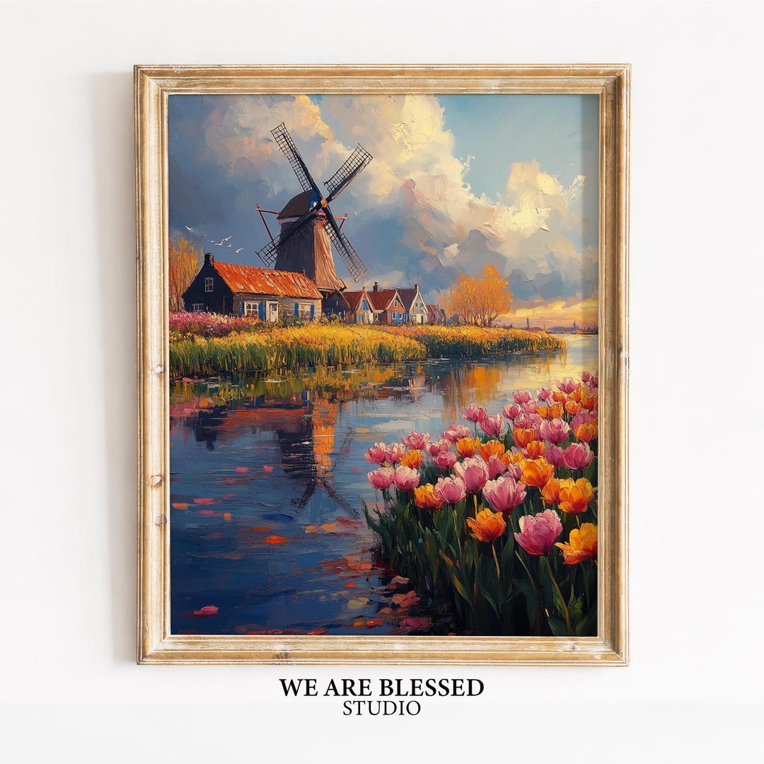 Printable Dutch Windmill by Canal - Cozy Cottagecore Landscape Art With ...