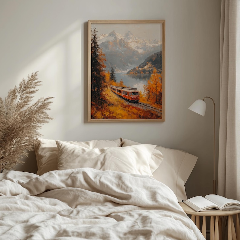 Autumn Train Landscape Art Print – Vintage Snowy Mountain Scene ...