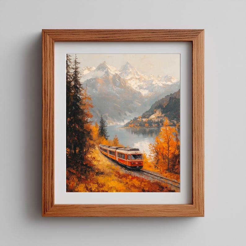 Autumn Train Landscape Art Print – Vintage Snowy Mountain Scene ...