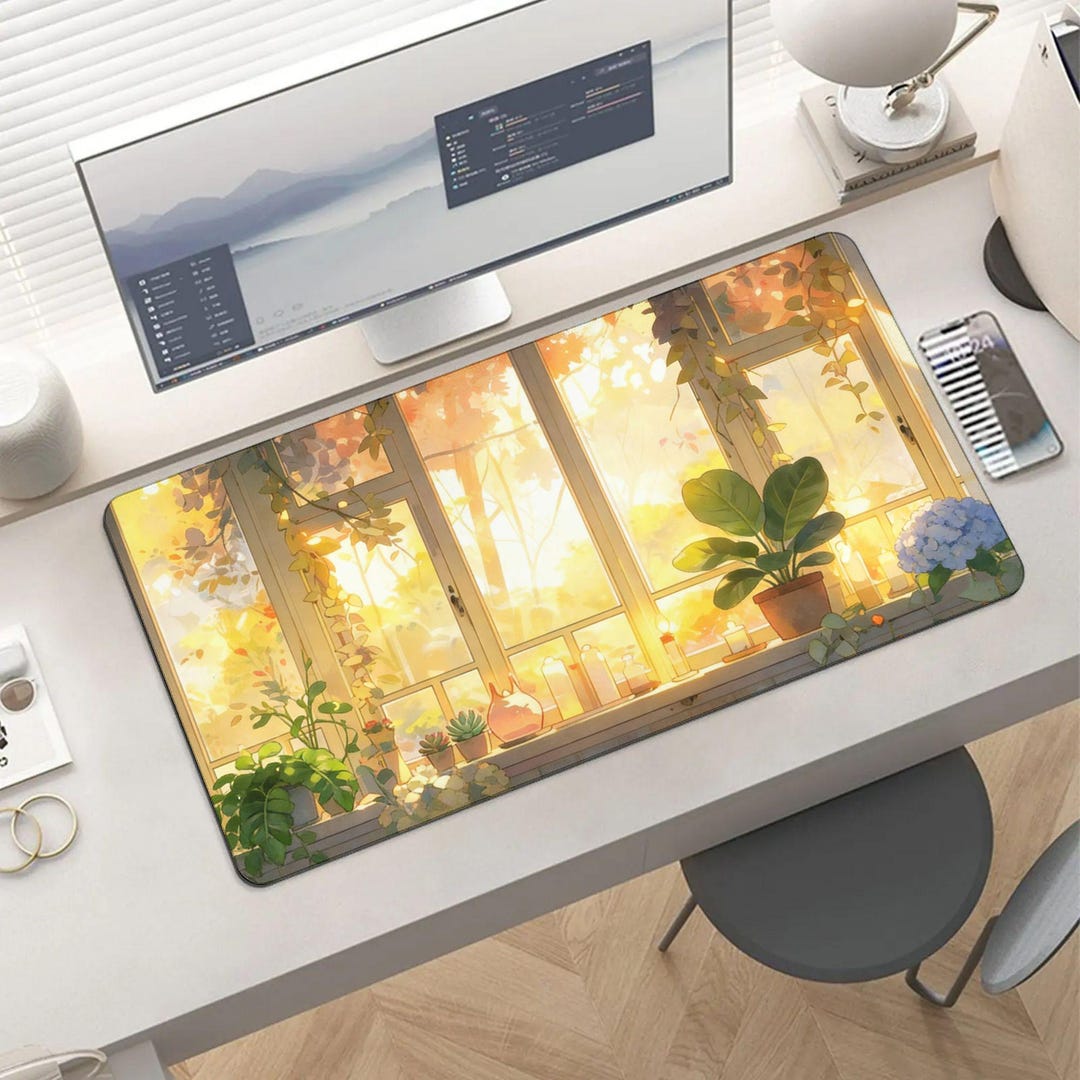 Cozy Window Sunset Cottagecore Desk Mat – Plants, Candles, Warm Gaming ...