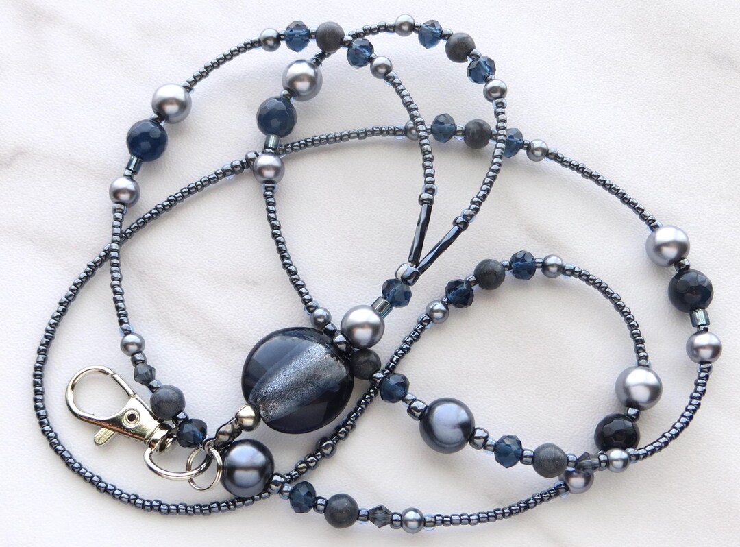 STEEL BLUE- Beaded ID Lanyard, Id Badge Holder, Necklace Lanyard ...