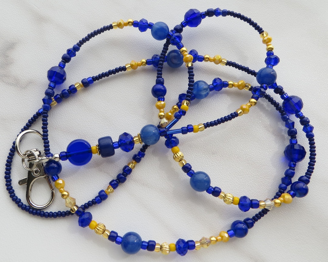 BLUE AND GOLD Beaded Id Lanyard Id Badge Holder Necklace - Etsy