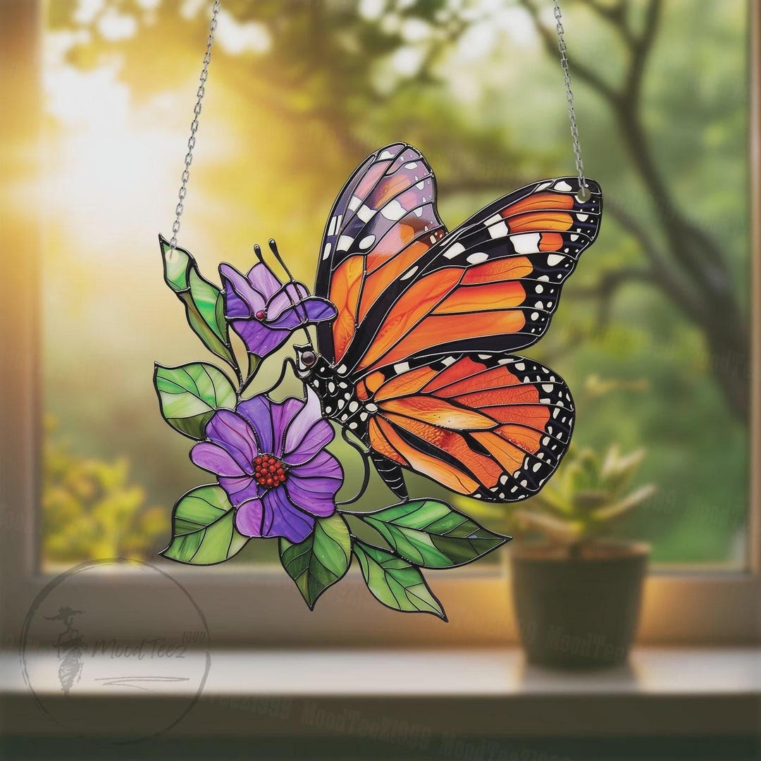 Monarch Butterfly Window Suncatcher, Purple Floral Home Decor - Etsy