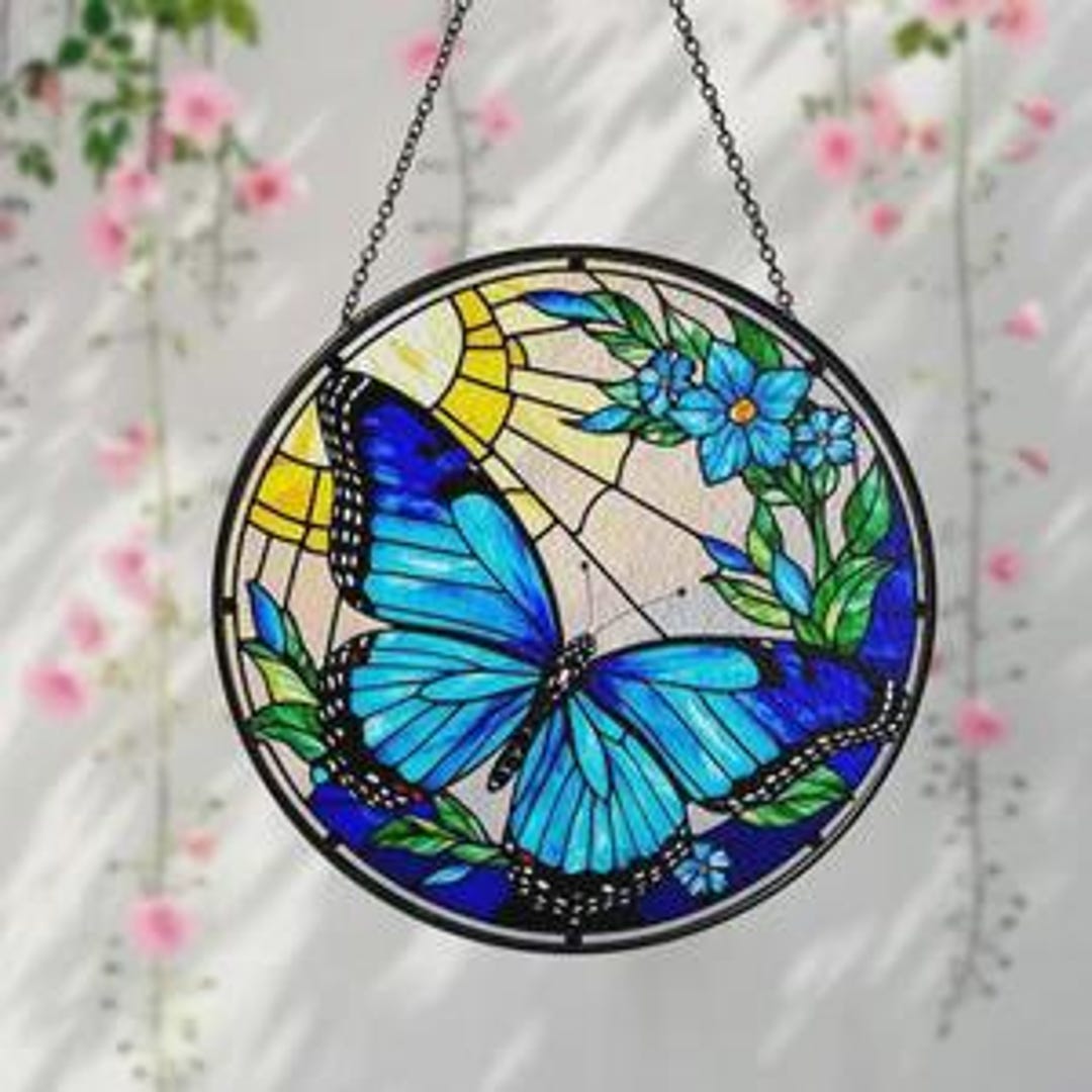 Blue Butterfly Stained Glass Suncatcher Window Hanging, Butterfly ...