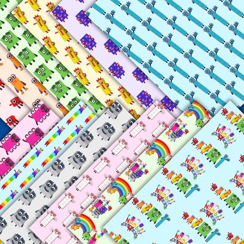 Paquete de papel digital PNG con bloques de números / 12 fondos PNG sin ...