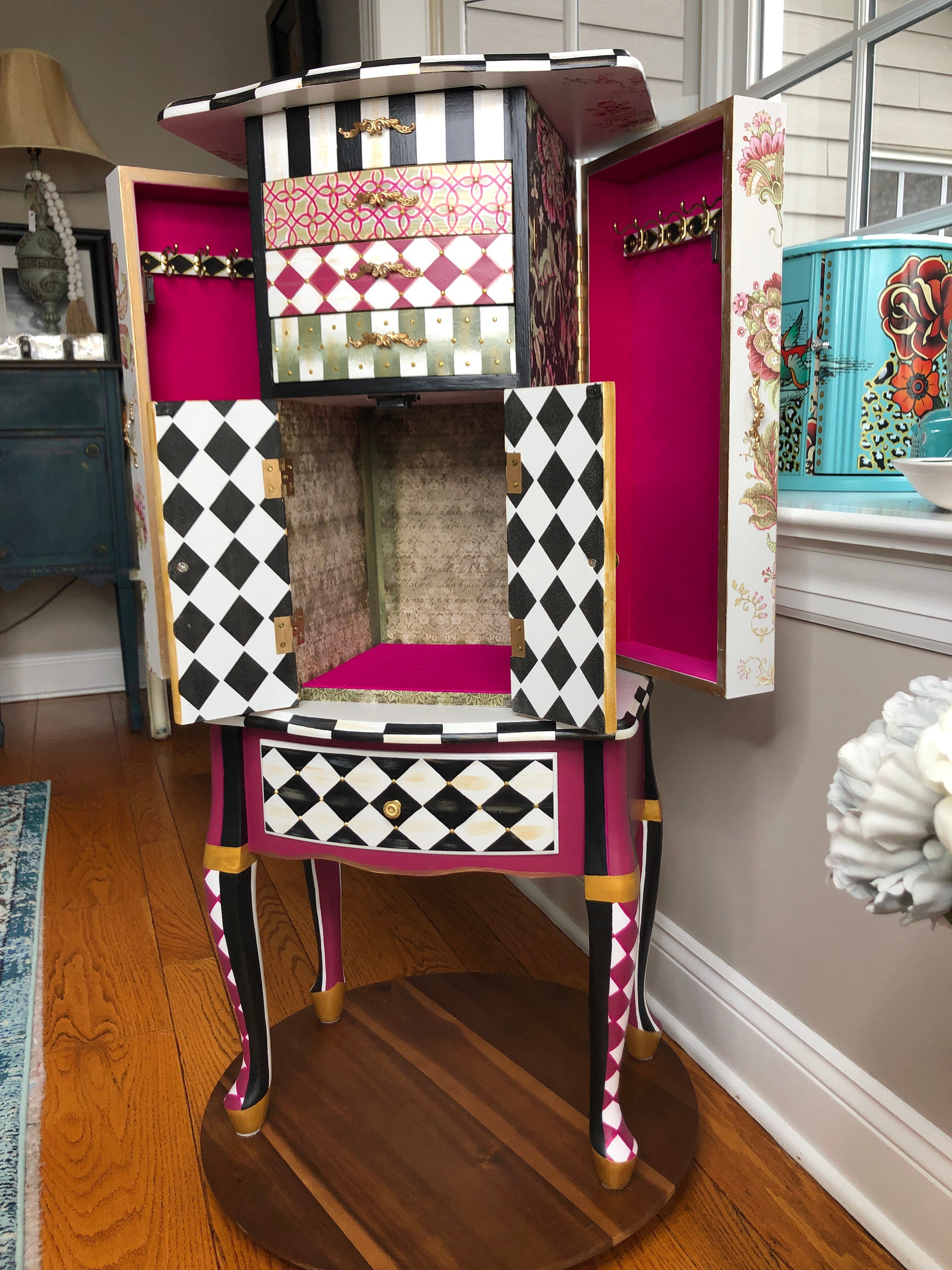 Painted Jewelry Armoire, Whimsical, Harlequin Diamonds and Boho Paisley ...