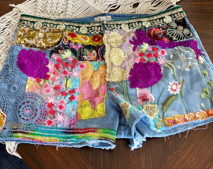 Patchwork Bohemian Denim Cut-off Shorts, Size 16, Handmade, High Waist ...