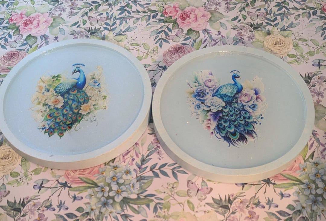Eco Resin Peacock Bird Resincrete Coasters Handmade White & Blue Set ...