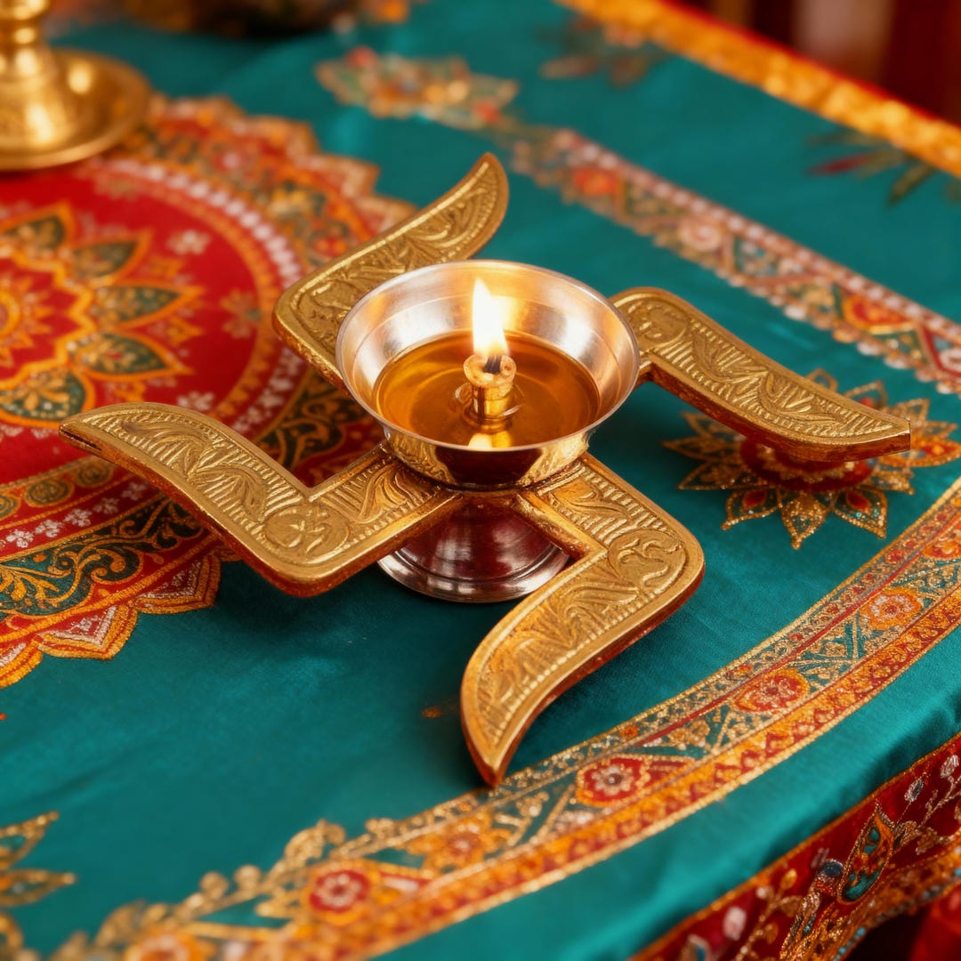 Aluminium Swastik Diya With Oil Lamp Bowl (gold Finish) – Traditional ...